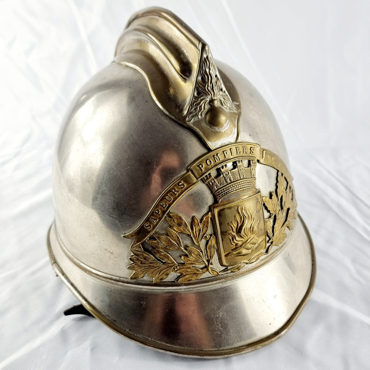 Antique Sapeurs Pompiers French Firefighter Helmet Brass and Nickel Pl
